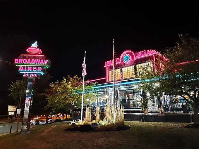 The neon glow of Broadway Diner at night isn't just illumination—it's a beacon of hope for hungry souls seeking comfort food at any hour.
