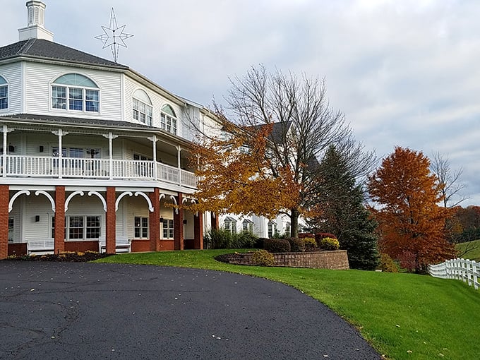 The Amish Door's stately white exterior with autumn foliage creates a scene so picturesque, it's like stepping into a Norman Rockwell painting come to life.