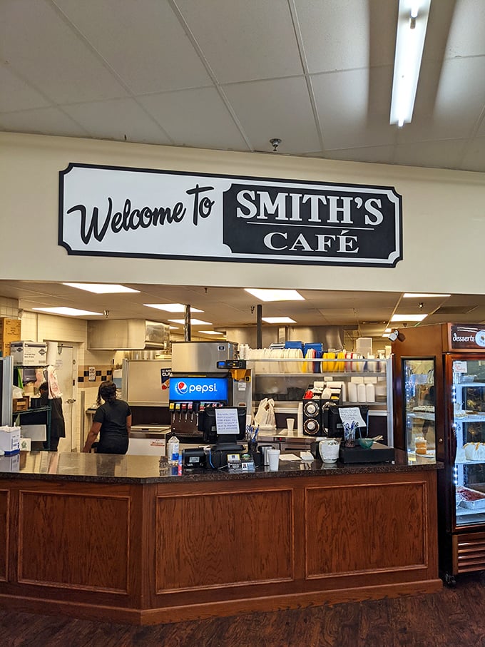 Behind this unassuming counter lies a world of homestyle delights – where dessert dreams come true and coffee cups never stay empty for long.