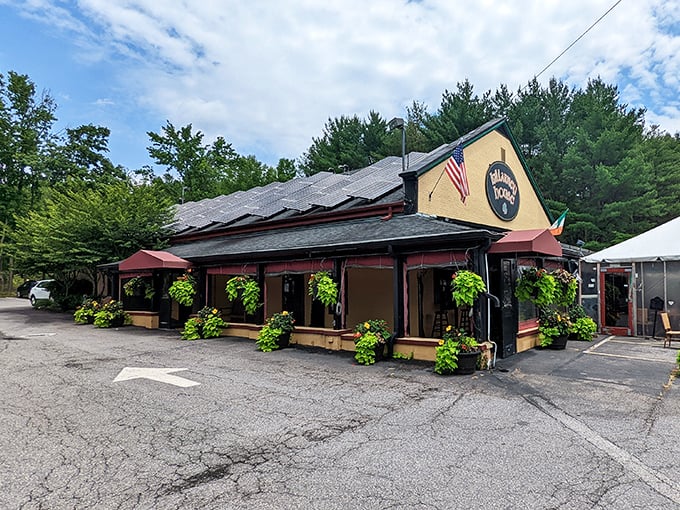 Another angle reveals the restaurant's welcoming façade, where American and Irish flags flutter side by side like old friends catching up.