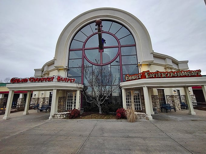 The grand arched entrance with its distinctive clock face isn't just architectural flair—it's literally announcing "it's time to eat!" in the heart of Branson.