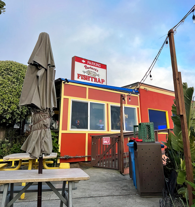 The bright red exterior of Barbara's Fishtrap stands out like a cheerful beacon for seafood lovers. No architectural awards here—just the promise of honest-to-goodness ocean treasures inside.