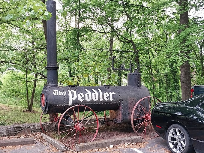 The vintage smoker cart outside The Peddler announces your arrival to steak paradise with old-school charm. Like a culinary time machine beckoning hungry travelers.
