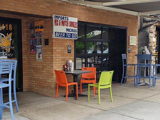 "Beer to Go" isn't just a sign—it's a promise. The colorful outdoor seating adds a cheerful touch to this beer-and-dog paradise.