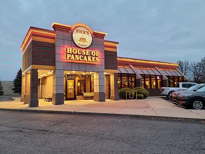 As evening approaches, Nick's warm glow beckons hungry travelers like a lighthouse guiding ships to the harbor of hash browns and hollandaise.