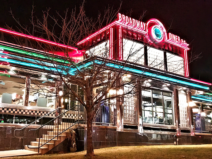 The neon-drenched exterior of Broadway Diner glows like a beacon for breakfast enthusiasts, a chrome-and-light show that would make Vegas jealous.