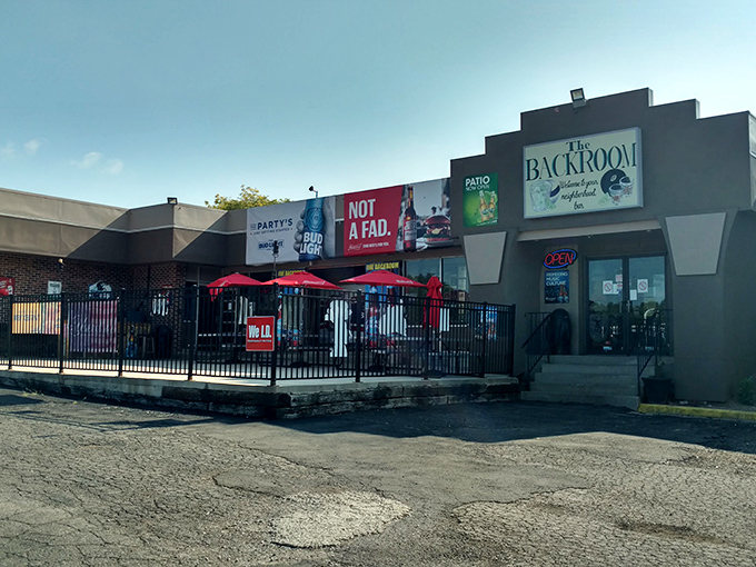 The unassuming exterior of The Backroom Bar and Grille stands as a testament to the age-old truth: never judge a restaurant by its façade.