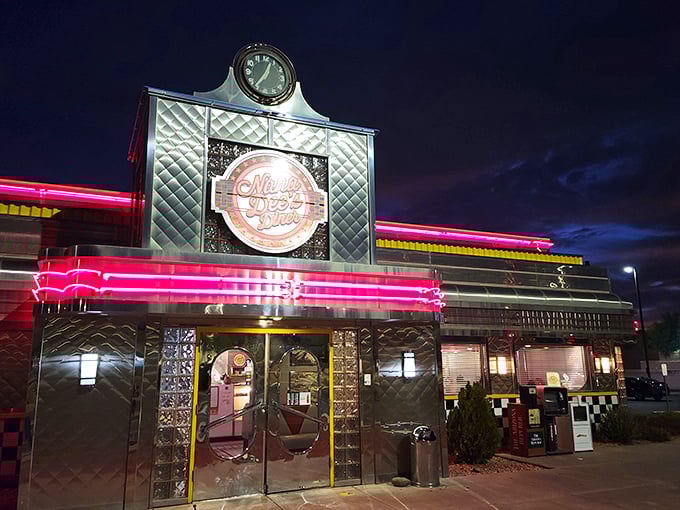 Nana Dee's gleaming metallic exterior shines like a beacon of breakfast hope in Mesa, where the classic diner architecture promises timeless comfort inside.