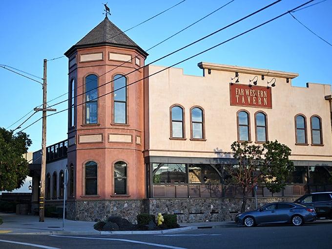 The iconic octagonal tower of Far Western Tavern stands like a sentinel guarding California's barbecue heritage. Western architecture meets culinary tradition in downtown Orcutt.