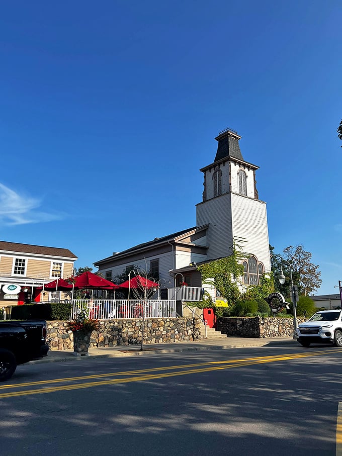 That distinctive tower beckoning you toward comfort food paradise - classic Clarkston architecture meets culinary destiny.