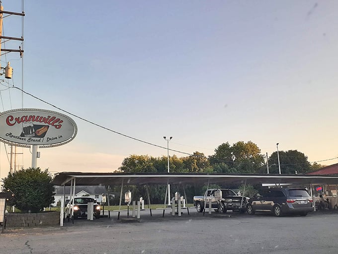 Catching the golden hour at Cranwill's, where the sign promises root beer dreams and the parking spots offer front-row seats to culinary nostalgia.