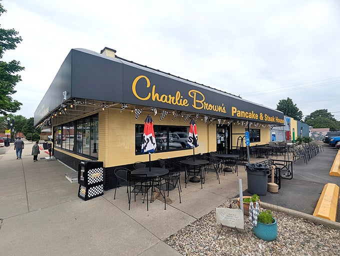 That iconic blue and yellow facade isn't just a building—it's a breakfast beacon calling hungry Hoosiers to start their day right.