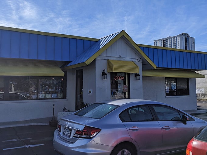 That blue roof isn't trying to impress anyone – it's too busy sheltering breakfast greatness inside.