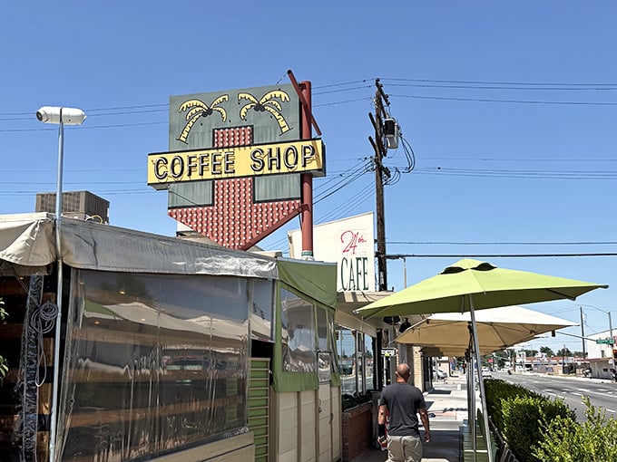 That vintage neon sign beckons like a lighthouse for breakfast lovers navigating Bakersfield's culinary waters.