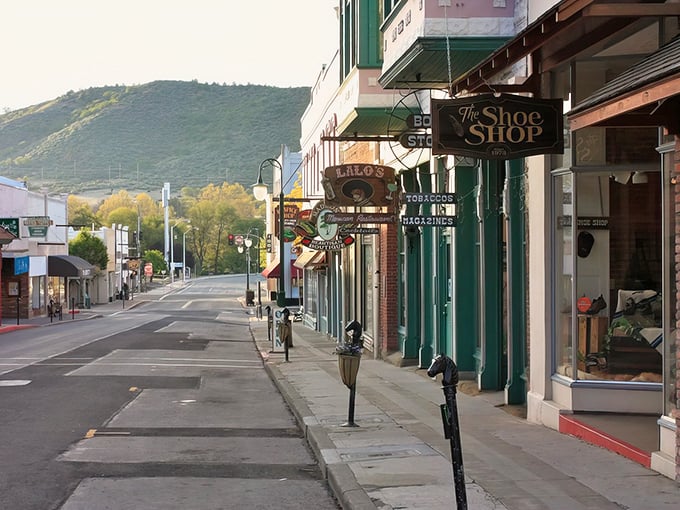 Strolling down Yreka's wide sidewalks feels like walking through a Western movie set, minus the shootouts. The Shoe Shop sign promises comfort for your frontier adventures.