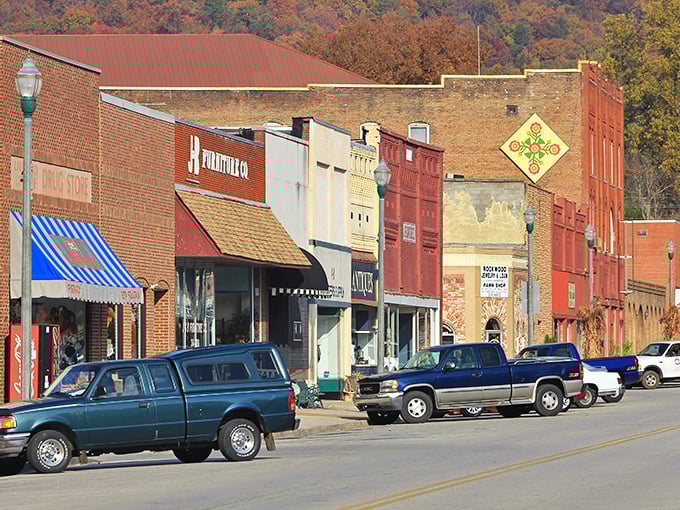 Downtown Rockwood's historic brick buildings stand like sentinels of simpler times, their warm facades glowing against the autumn-painted Cumberland foothills.