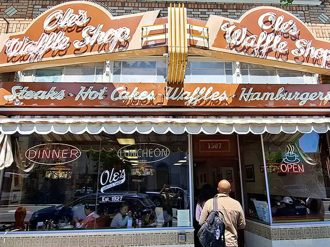 That iconic neon sign beckons like an old friend – Ole's Waffle Shop has been Alameda's breakfast beacon since long before brunch became trendy.