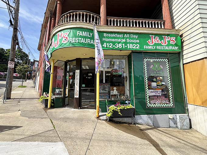 J & J's green exterior stands out in the neighborhood, hiding culinary treasures within. A true local fixture that’s weathered decades of change.