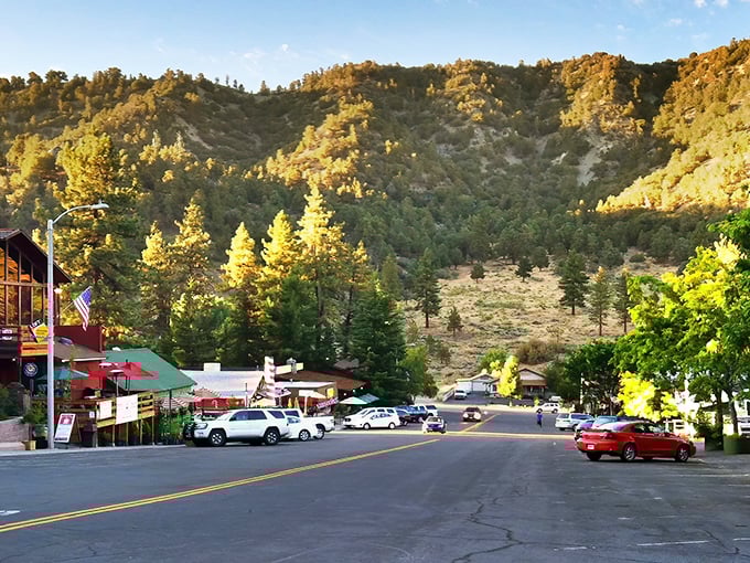 Golden hour transforms Wrightwood's main street into a scene straight from your favorite comfort movie.