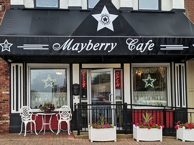 The iconic black awning with silver stars welcomes you to Mayberry Cafe, where nostalgic Americana meets small-town Indiana charm on Danville's courthouse square.