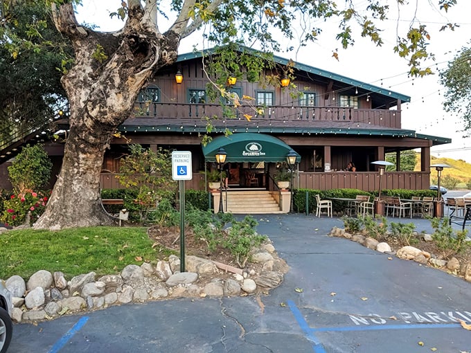 The historic wooden exterior of Sycamore Inn stands proudly among ancient trees, like California's answer to a Northeastern lodge with Western charm. 