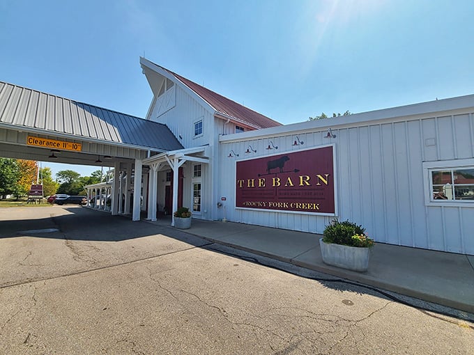 The white barn exterior with its bold red sign isn't just country chic—it's a siren call to carnivores everywhere. Clearance height included for those arriving by giraffe.