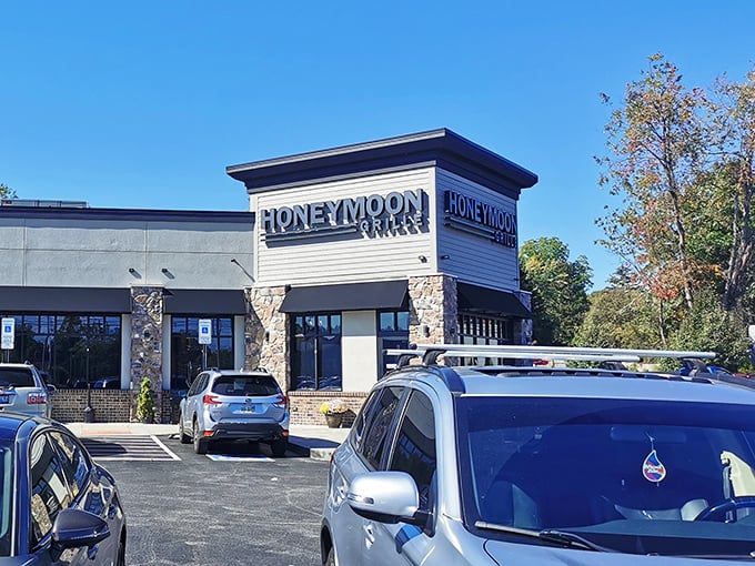 The Honeymoon Grille's stone-accented exterior promises no frills, just fantastic food—like finding a diamond ring in a cereal box.
