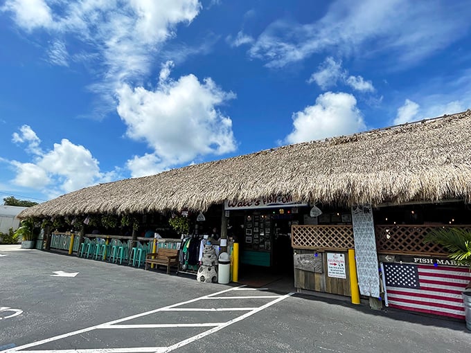 The thatched tiki bar at Walt's beckons like a tropical mirage in a parking lot—Florida's version of finding an oasis in the desert.
