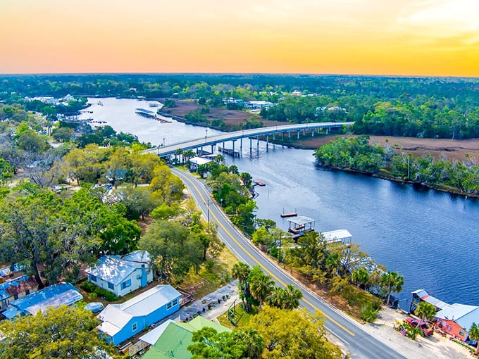 Aerial magic at sunset – where the Steinhatchee River meets the Gulf, creating a postcard-perfect scene that no filter could improve upon.