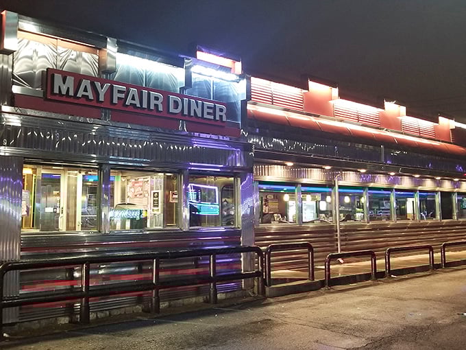 The gleaming stainless steel exterior of Mayfair Diner stands as a shining beacon of breakfast hope on Frankford Avenue, promising comfort food and nostalgia in equal measure.