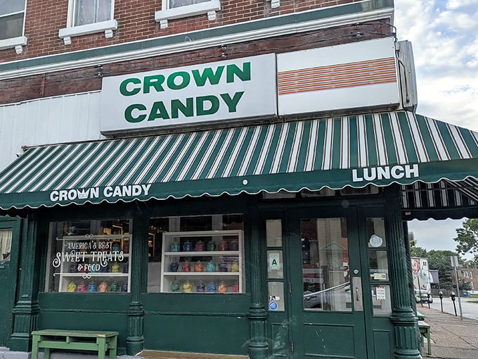 Window displays filled with colorful candy jars promise sweet treasures inside this St. Louis landmark, where dessert before dinner isn't just allowed—it's encouraged.
