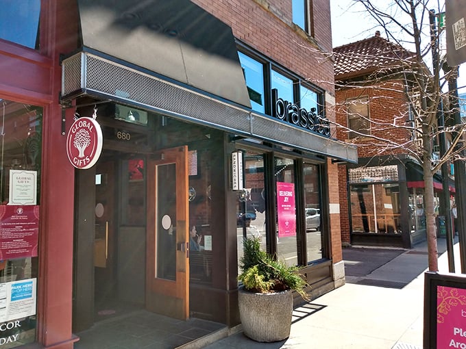 Brassica's sleek storefront in Columbus' Short North district invites passersby with its modern façade and warm wooden accents—Mediterranean magic hiding in plain sight.