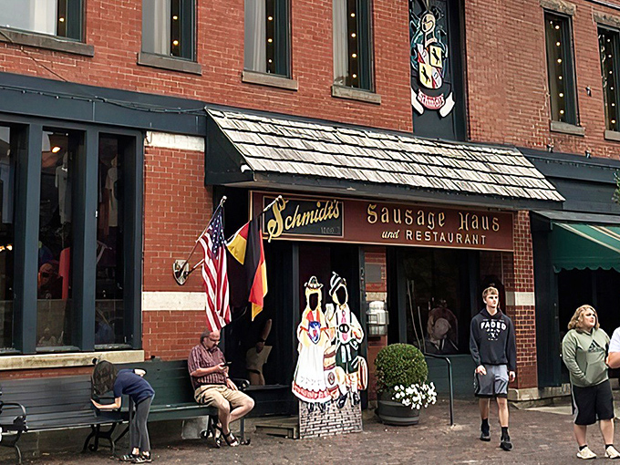 The brick facade of Schmidt's stands proudly in German Village, flying both American and German flags—a delicious diplomatic relationship that benefits your taste buds.