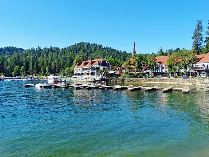 Tudor-style charm meets California sunshine at Lake Arrowhead Village, where alpine elegance mingles with laid-back mountain vibes.
