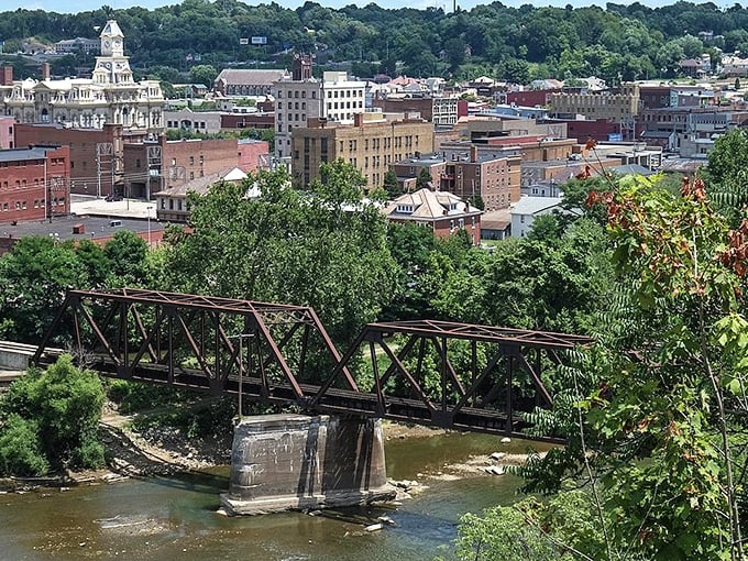 Zanesville's skyline unfolds like a storybook, with the historic downtown buildings standing proudly alongside that iconic Y-Bridge. Small-town charm with big personality.