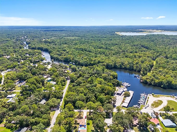 From above, Yankeetown reveals its true character – a perfect marriage of winding waterways and lush greenery where nature still calls the shots.