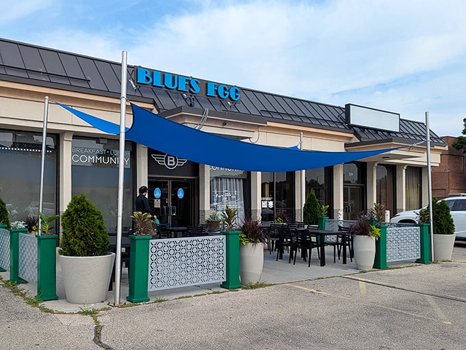 The bright blue signage beckons like a lighthouse for the breakfast-starved. Blue's Egg stands ready to rescue your morning with its promise of culinary salvation.