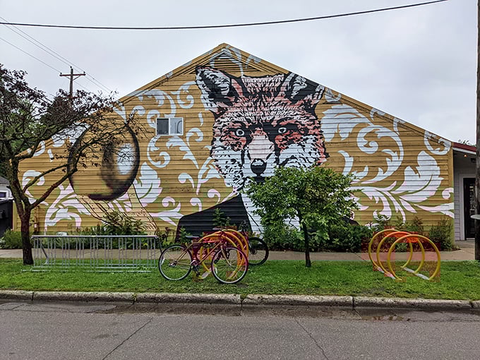 The fox mural watching over The Little Fleet isn't just street art – it's a spirit animal guiding you to culinary adventure in Traverse City.