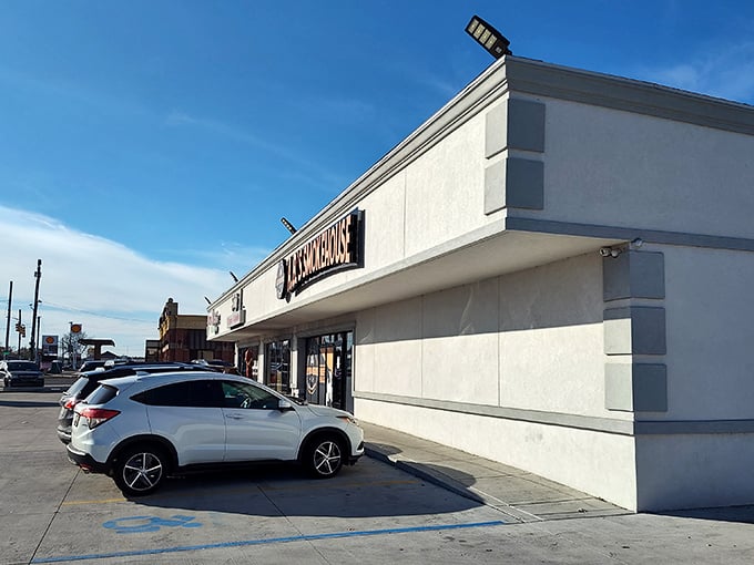 A different angle of A.B.'s exterior—where Michigan's barbecue dreams come true without any fancy architectural distractions. The smoke does all the talking.