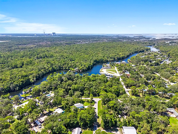 From above, Yankeetown reveals its true character – a perfect marriage of winding waterways and lush greenery where nature still calls the shots.