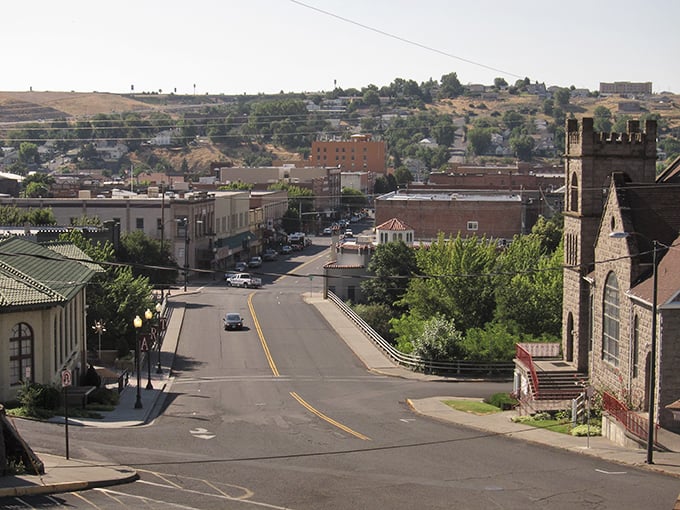 Pendleton's downtown stretches toward rolling hills, where historic architecture meets big sky country – a perfect snapshot of this authentic western town.