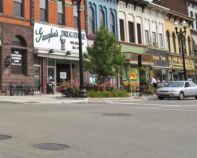 Vaughn's Drug Store anchors a downtown where local businesses still thrive, proving that sometimes the best economic model is simply knowing your customers by name.