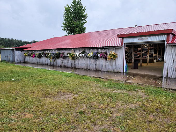 The unassuming exterior of Trufant Flea Market, where that red roof has sheltered more treasures than your grandmother's attic. Michigan bargain hunting at its finest!