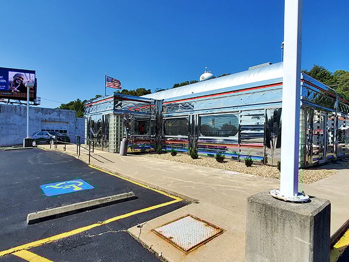 The classic stainless steel exterior of Diner 23 gleams in the Ohio sunshine, a chrome time capsule promising delicious nostalgia by the plateful.