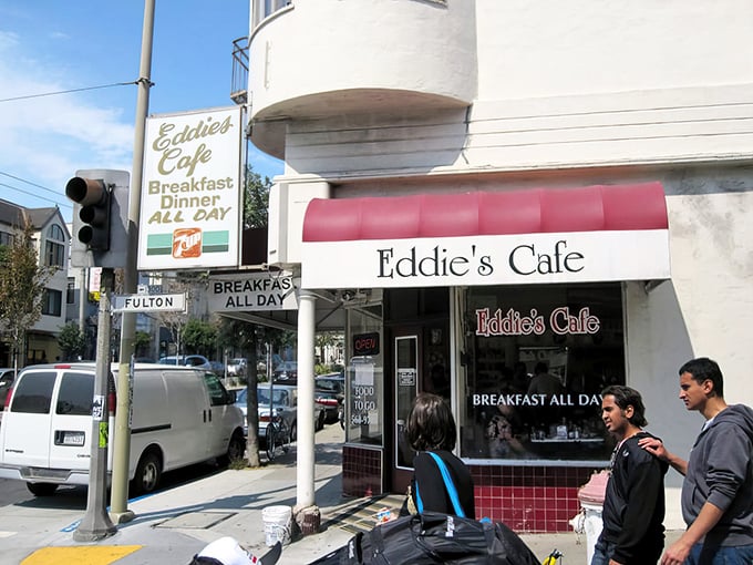 Eddie's Café stands proudly on Divisadero Street, its classic red-trimmed exterior promising "Breakfast ALL DAY" – the three most beautiful words in the English language.