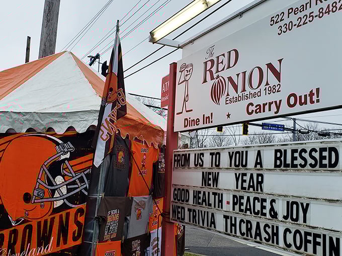 Outside, The Red Onion greets you with Browns pride, neon promises, and the kind of grit only Ohio bars wear proudly.