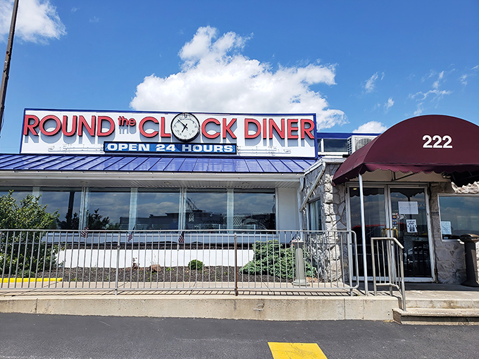 The blue-roofed beacon of breakfast bliss stands proudly on Route 30, promising 24-hour comfort that's worth setting your alarm for—or ignoring it completely.