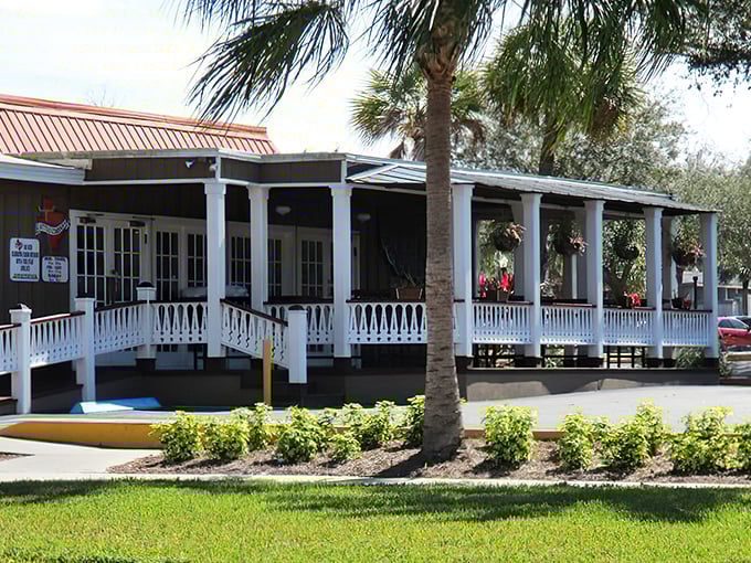 Southern charm meets steakhouse sophistication. The welcoming porch and white railings promise a dining experience that's both upscale and down-home.