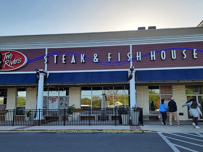 The neon sign beckons like a lighthouse for hungry sailors. Two Rivers Steak & Fish House stands proudly in its Pasadena strip mall home.