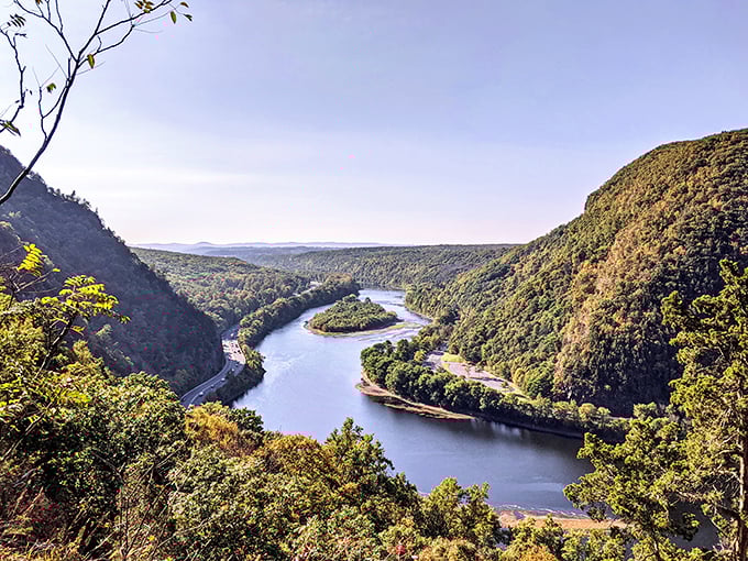 The iconic Delaware Water Gap view that makes you wonder if Mother Nature was showing off when she carved this masterpiece through the Appalachian Mountains.